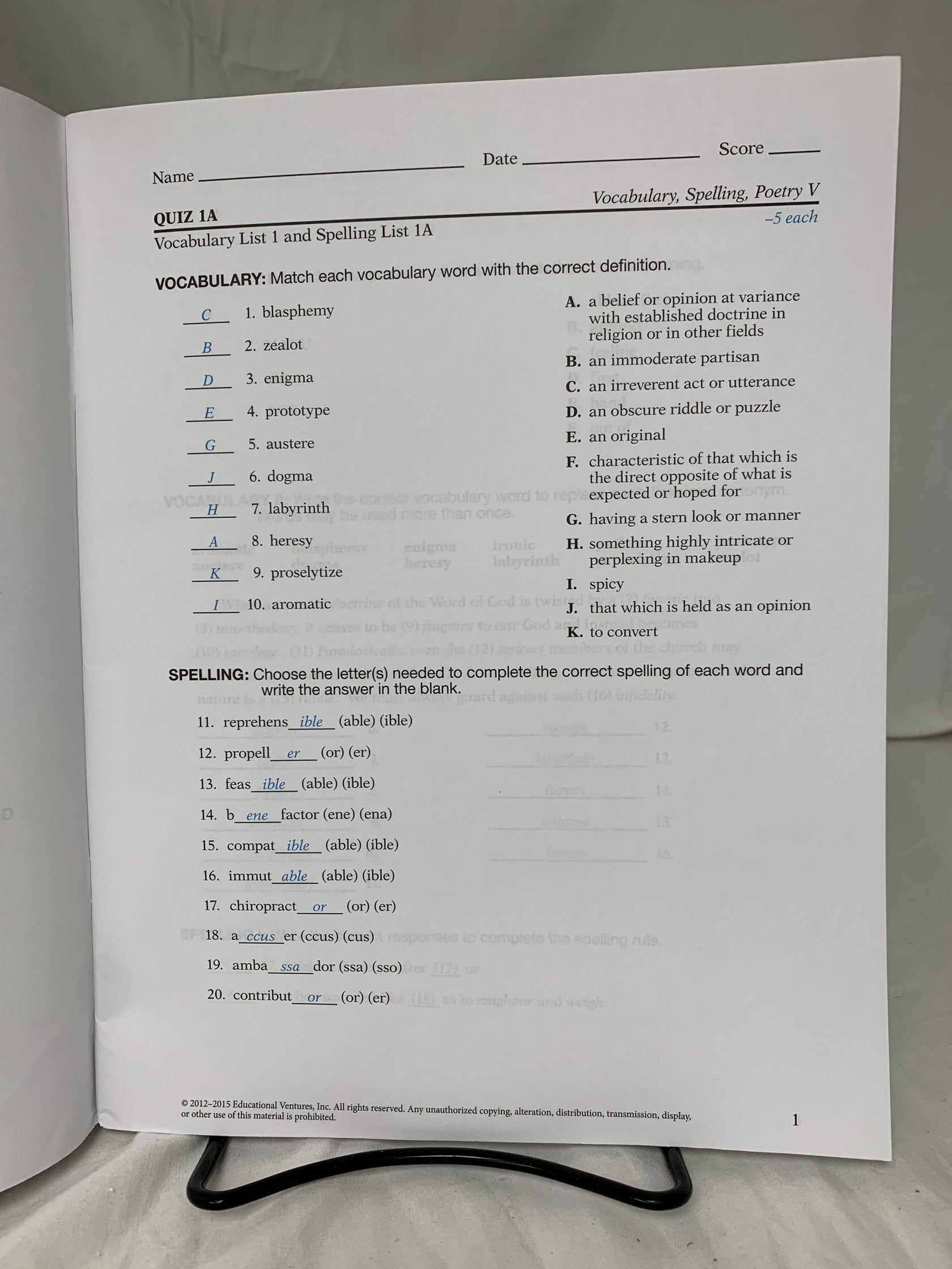 Abeka Vocabulary, Spelling, Poetry V (5th Ed.) Quiz Key – SCAIHS